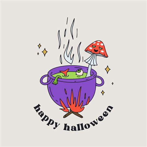 Card Or Poster With Cute Halloween Witch Cauldron Containing Boiling Mushroom Magic Potion Stock