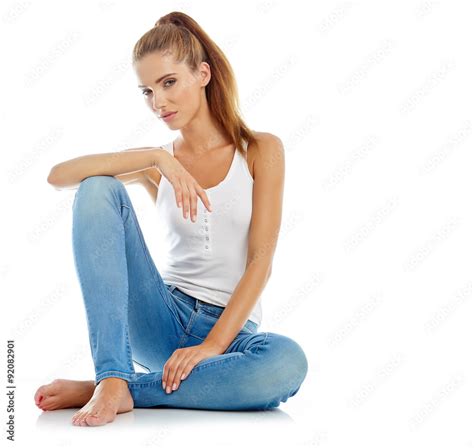 Beautiful Girl In Fashion Stylish Jeans Isolated On White Fas Stock