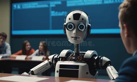 A Machine Is On A Desk In A Classroom As A Robot Sits Next To It Stock