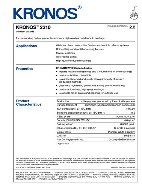 Tds Kronos 2310 Titan Pdf Titanium Dioxide Metals