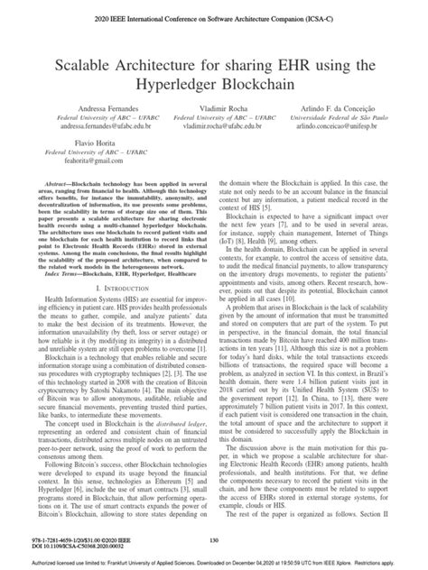 Scalable Architecture For Sharing Ehr Using The Hyperledger Blockchain Pdf Peer To Peer