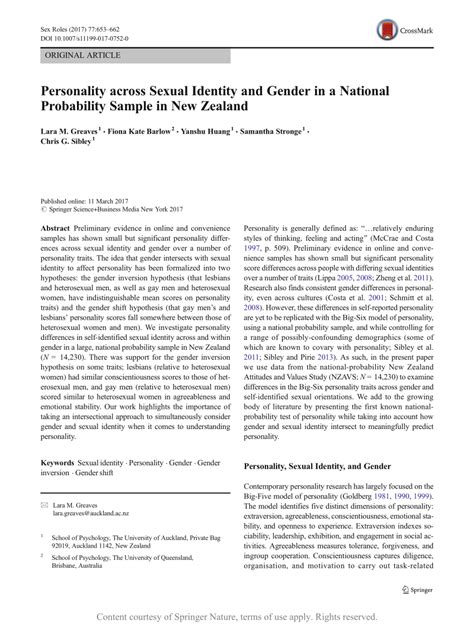 Personality Across Sexual Identity And Gender In A National Probability Sample In New Zealand