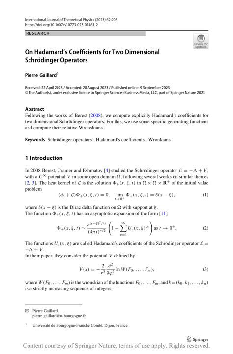 On Hadamards Coefficients For Two Dimensional Schrödinger Operators