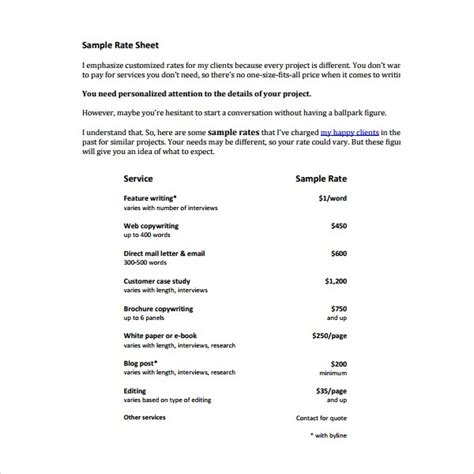 Contractor Rate Sheet Template