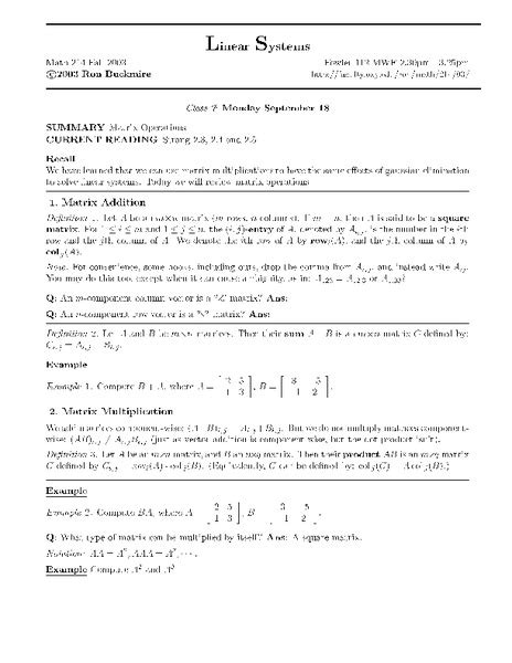 linear systems matrix operations worksheet for higher ed lesson planet