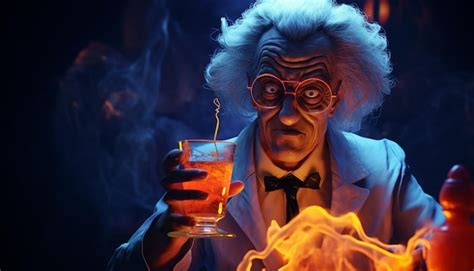 Premium Ai Image A Mad Scientist Drinking A Orange Glowing Liquid In