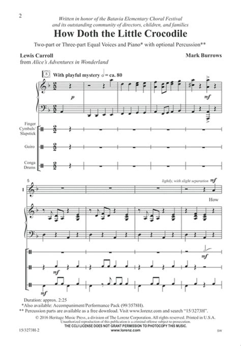 How Doth The Little Crocodile By Mark Burrows 2 Part Digital Sheet
