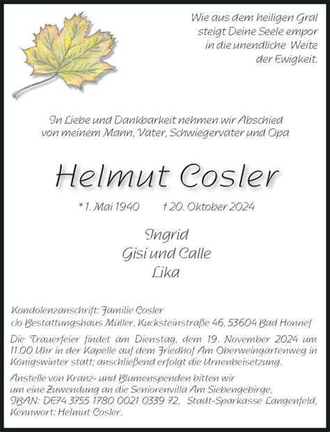 Traueranzeigen Von Helmut Cosler Ga Trauer De