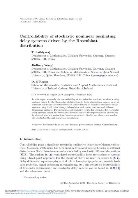 Pdf Controllability Of Stochastic Nonlinear Oscillating Delay Systems Driven By The Rosenblatt