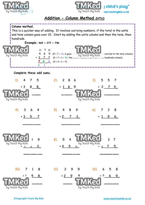Addition Column Method Htu Worksheet Maths Pdf Tmked
