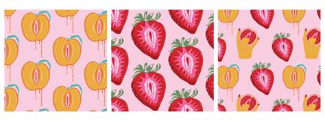 Set Of Three Seamless Pattern With Fruit Strawberry With Outlines Female Labia Illustrator A