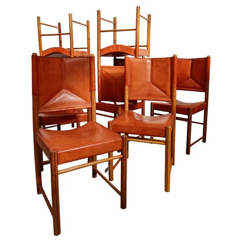 Set Of Eight Cognac Leather Dining Chairs In The Style Of Scarpa Italy