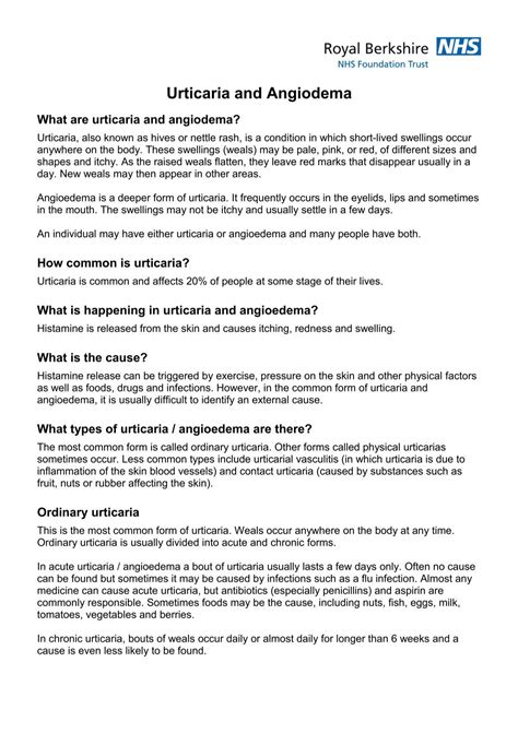 Urticaria And Angiodema The Royal Berkshire Nhs Foundation Trust