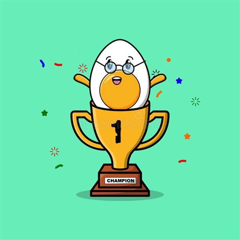 Cute Cartoon Boiled Egg Character In Trophy Stock Vector Illustration
