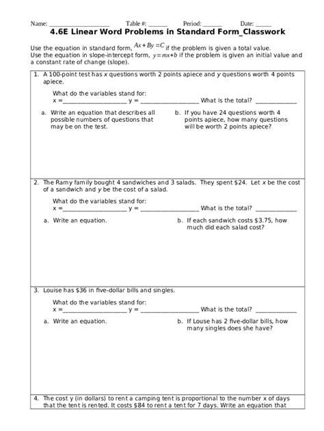 Standard Linear Equations Word Problems Doc Template Pdffiller