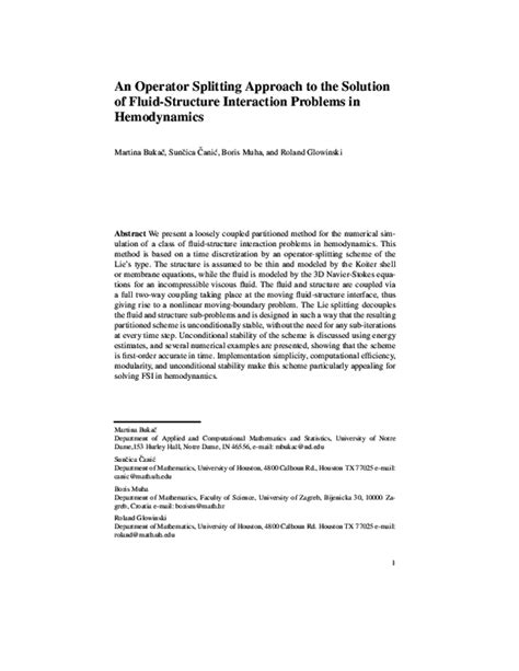 Pdf An Operator Splitting Approach To The Solution Of Fluid Structure Interaction Problems In