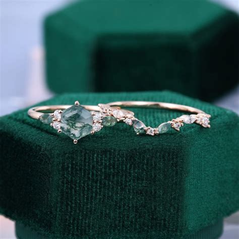 Hexagon Cut Moss Agate Engagement Ring Set Nature Vibe Bridal Set