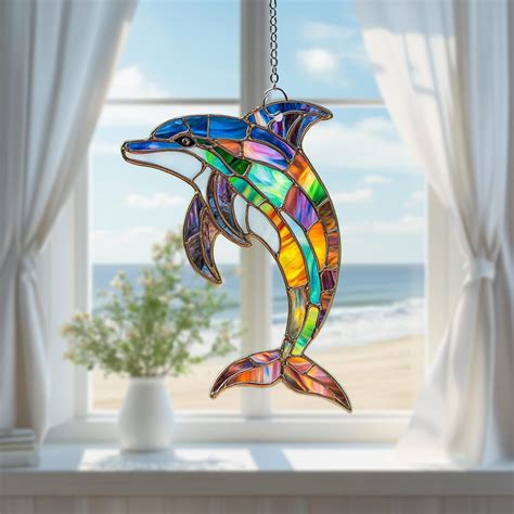 Dolphin Stained Glass Effect Art Acrylic Suncatcher Dolphin Ornament