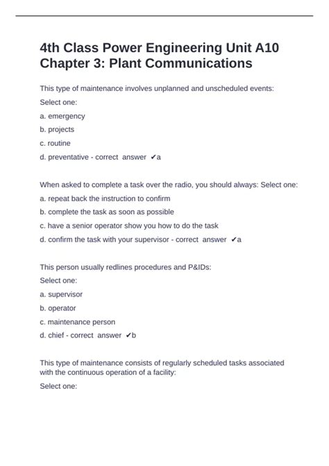4th Class Power Engineering Unit A10 Chapter 3 Questions With Complete Solution 2024 2025 Boie