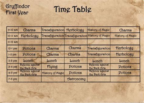 Harry Potter Time Table First Year Gryffindor