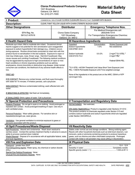 Clorox Regular Bleach Msds Sheet