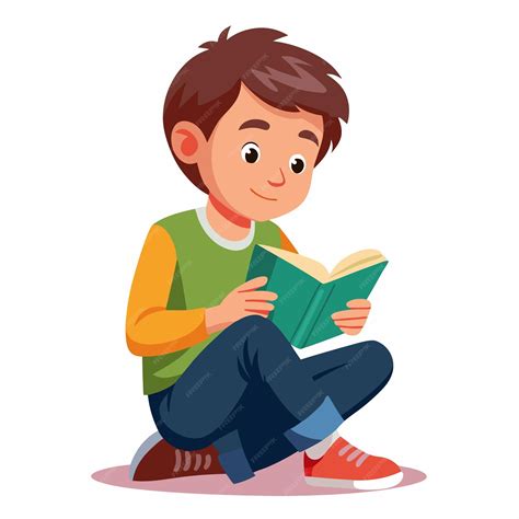 School Boy Sitting And Read Book Cartoon Vector Illustration Premium