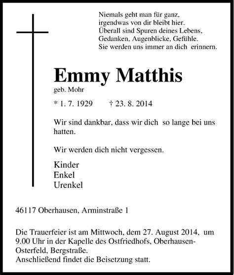 Traueranzeigen Von Emmy Matthis Trauer In Nrw De