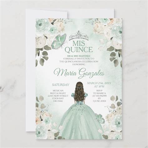 Dusty Green And Silver Mis Quince Floral Quinceañera Invitation Zazzle