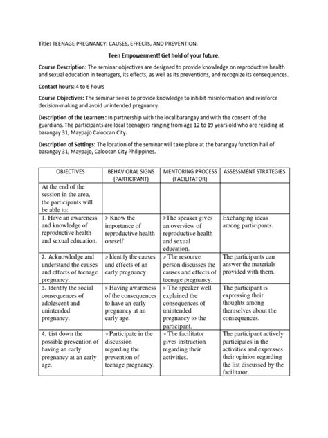 Sample Teaching Plan Pdf Teenage Pregnancy Adolescence