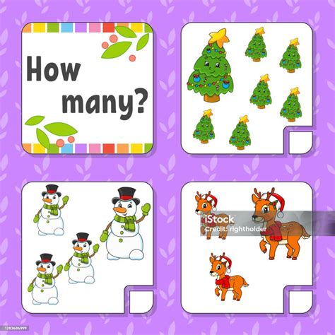 어린이를위한 계산 게임 행복한 캐릭터 수학 을 배우고 그림에 얼마나 많은 개체 교육 워크 시트 크리스마스 테마 귀여운 만화