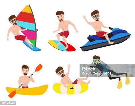 여름 활동 남자 문자 벡터 세트입니다 서핑 제트 스키 카약 보트 타기 스쿠버 다이빙 및 카누 고립과 같은 여름 수상 스포츠