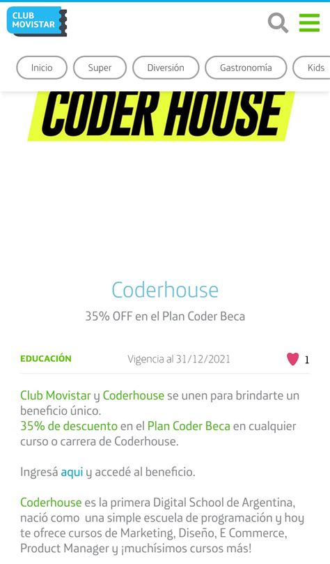 con club movistar hay 35 de descuento sobre la beca de coderhouse r