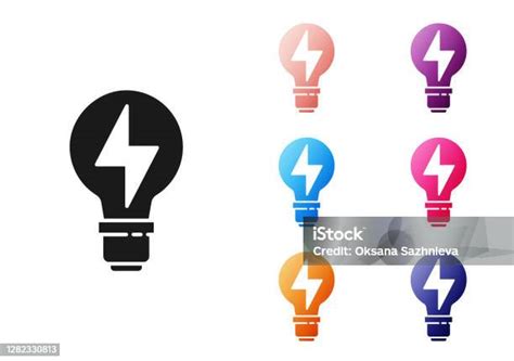흰색 배경에 격리 된 번개 기호 아이콘검은 전구입니다 라이트 램프 표지판 아이디어 기호입니다 다채로운 아이콘을 설정합니다 벡터 0명에 대한 스톡 벡터 아트 및 기타 이미지