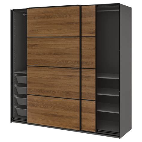 Pax Mehamn Garderob Med Skjutdörrar Mörkgrå Svartdubbelsidig Valnöt 200x66x201 Cm Ikea