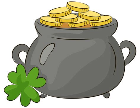 A Clipart Image Featuring A Pot Of Gold With A Shamrock Beside It