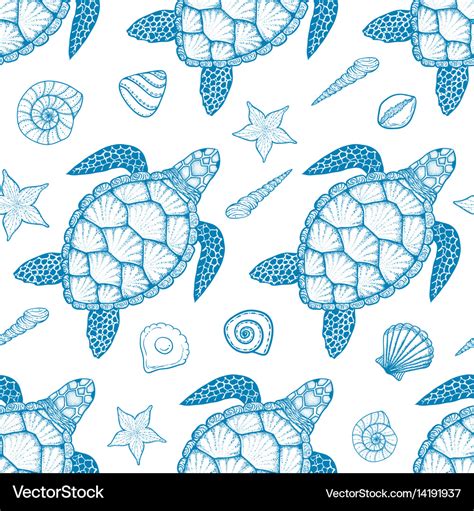 Seamless Pattern With Sea Turtle And Shells Vector Image