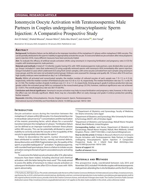 Pdf Ionomycin Oocyte Activation With Teratozoospermic Male Partners