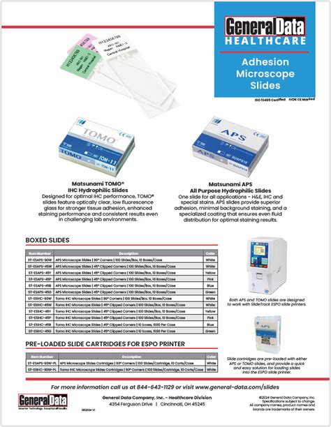 Aps And Tomo Adhesion Microscope Slides Product Brochure General Data