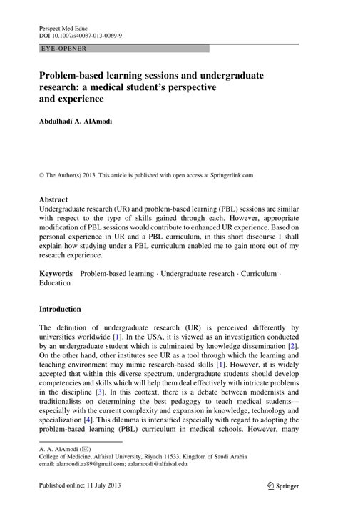 Pdf Problem Based Learning Sessions And Undergraduate Research A