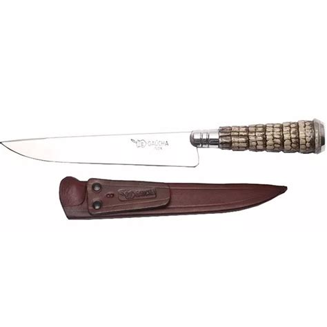Faca Churrasco 6 Aço Inox Cabo Rabo De Tatu E Bainha Couro Camicado