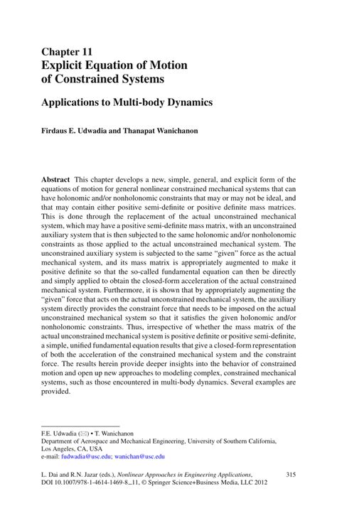 Pdf Explicit Equation Of Motion Of Constrained Systems Applications
