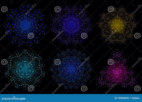 Vector Colorful Bright Lattice Shape Molecular Structure With Lines And Dots Background Set