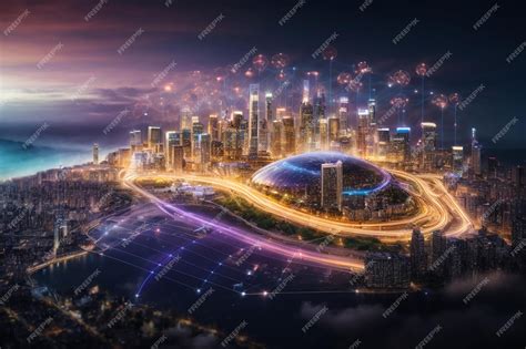 5g 출시 고속 인터넷 클라우드 컴퓨팅 스마트 시티의 연결된 풍경을 탐구합니다 프리미엄 사진