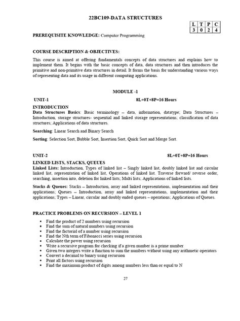 Data Structures Syllabus Pdf Algorithms And Data Structures