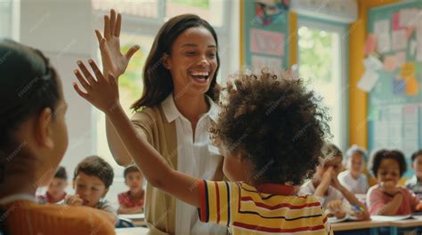 Premium Photo African American Girl Raising Hands To Teacher In