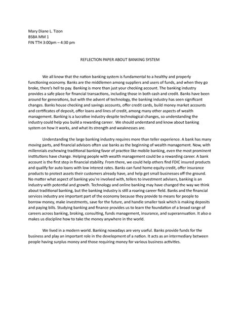 Finance Reflection Paper That I Reflect Mary Diane L Tizon Bsba Mm 1