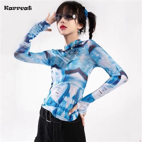 Karrcat 여성용 사이버 펑크 테크웨어 타이다이 긴팔 메쉬 탑 디지털 미래 의류 Y2k 미학 하라주쿠 티셔츠 디자이너