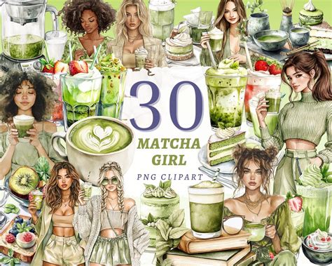 30 Matcha Girl Clipart Bundle Watercolor Drinks Dessert Green Aesthetic