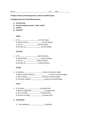 Present Preterit Imperfect Conjugation Practice Teaching Resources