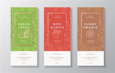 홈 향수 벡터 레이블 템플릿을 설정합니다 손으로 그린 스케치 열매 두리안 파파야 활판 인쇄술이 있는 꽃 배경 방 향수 포장 디자인 레이아웃 현실적인 모형 외딴
